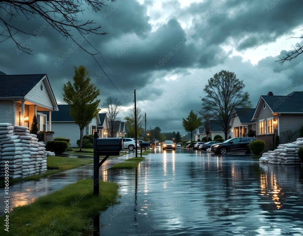Severe Suburban Flooding Scene: High Water Levels, Sandbagged Homes ...