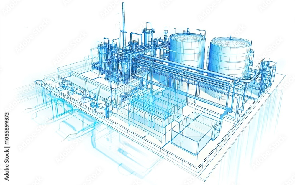 Technical blueprint of an industrial facility with tanks and piping ...