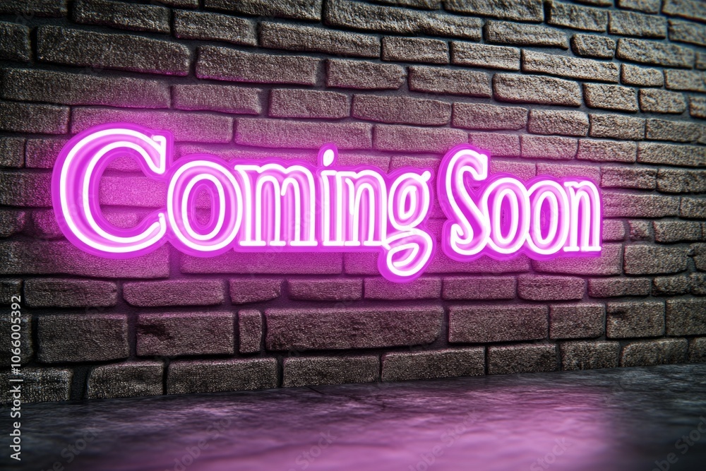 Bright pink neon Coming Soon sign glowing against a dark brick wall ...
