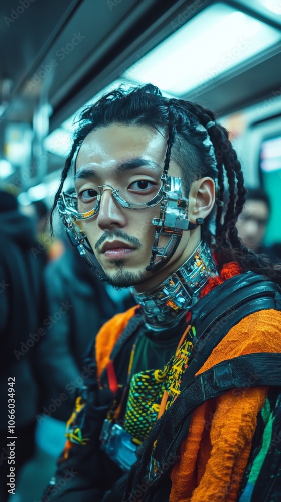Man wearing futuristic glasses and a chrome mask embraces urban style ...
