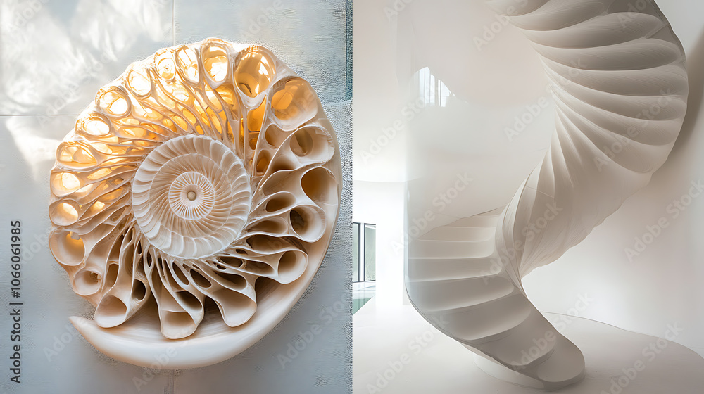 Nautilus shell and spiral staircase illustrating biomimicry in design ...