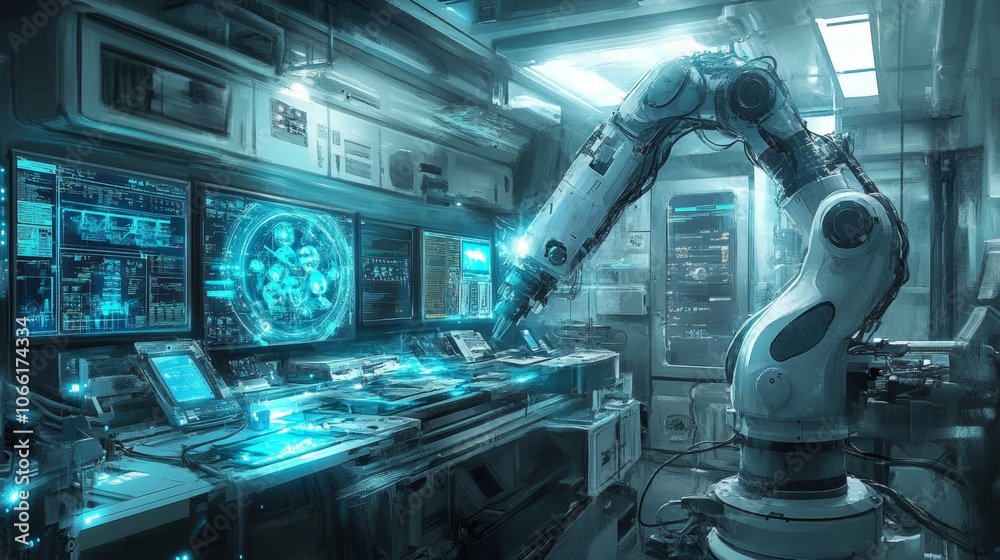 Futuristic Tech Lab AI Robot Arm Digital Displays Science Stock Illustration | Adobe Stock