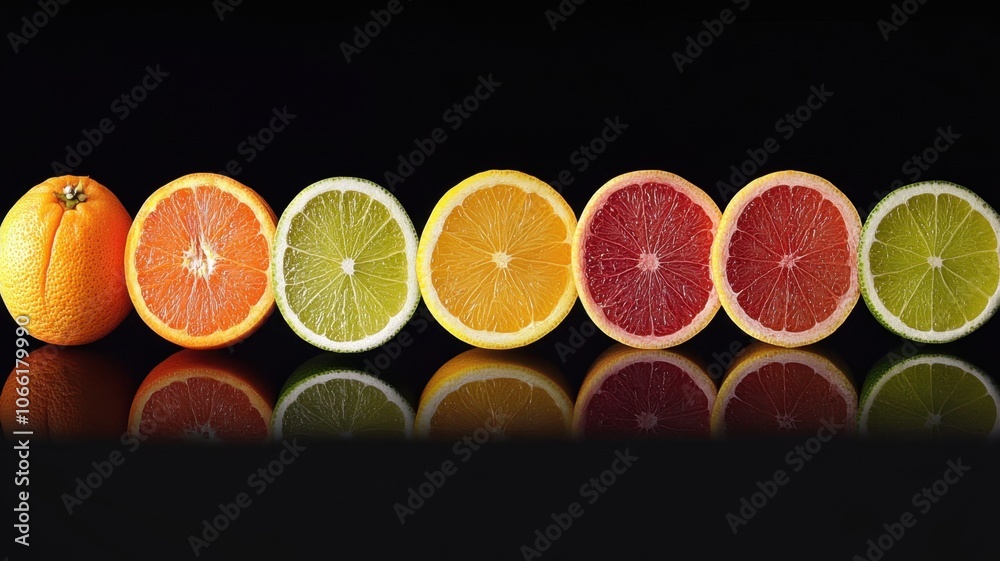 A row of halved citrus fruits, including an orange, a blood orange, a ...