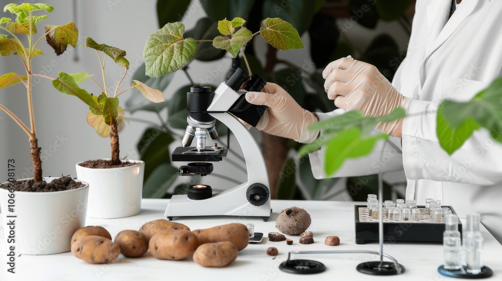 Scientist in lab coat meticulously examining potato plant under ...