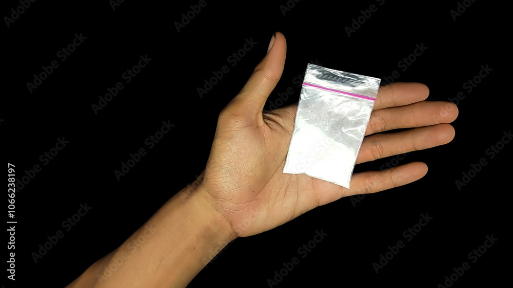 Heroin and Cocaine in plastic packet isolated on black background ...