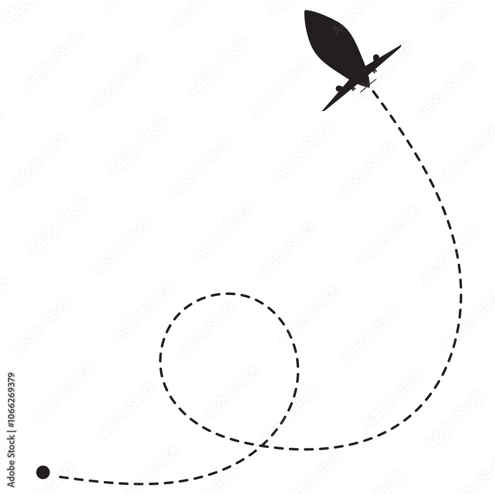 icon illustration airplane flying and dotted line curve. map marker ...