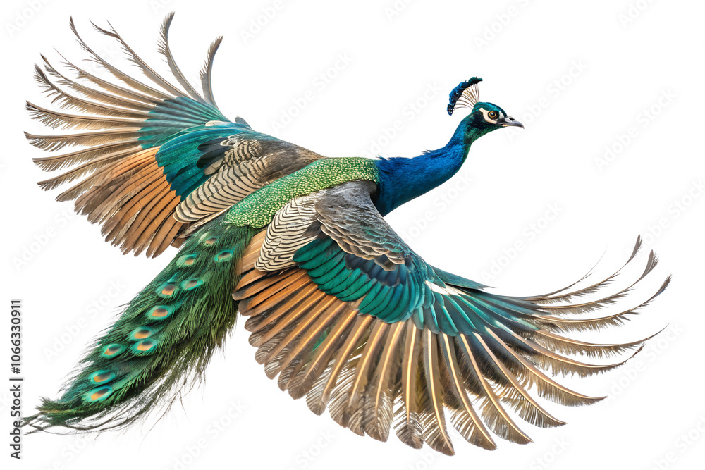 Peacock is spreading its wings and flying isolated on a transparent ...