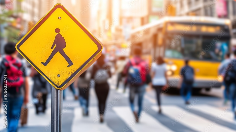 Yellow pedestrian sign, guiding walkers through city streets, ensuring ...