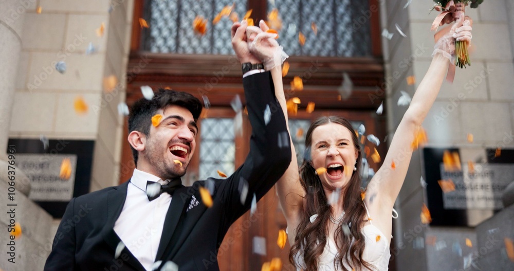 Excited, couple and holding hands on wedding with bouquet, celebration ...