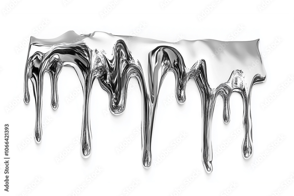Silvery dripping, melting metal on a white background, sticker-like art ...