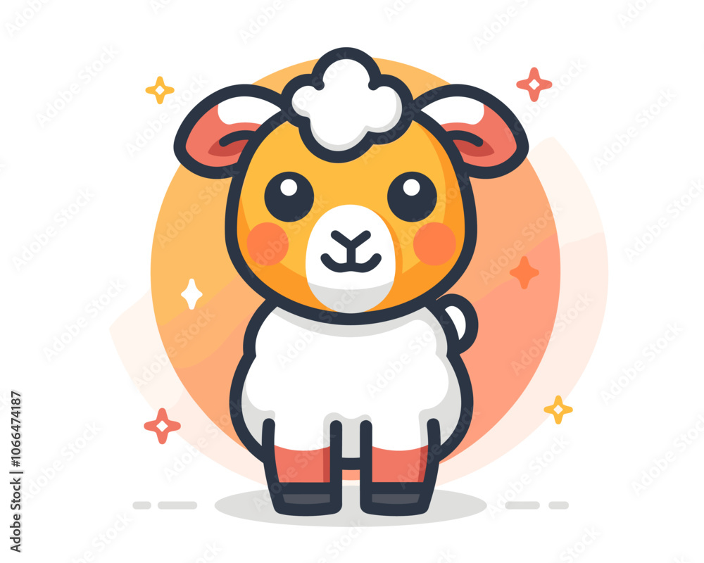 Cartoon sheep with a smile on its face stands in front of a yellow ...