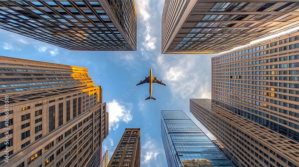 Airplane overhead seen from between skyscrapers, shot looking straight ...