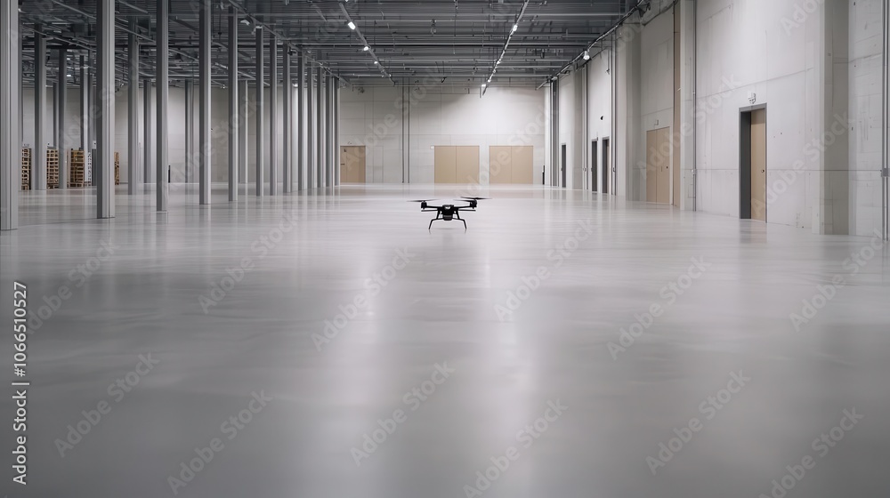 Large distribution center with drones for inventory check, illustrating ...