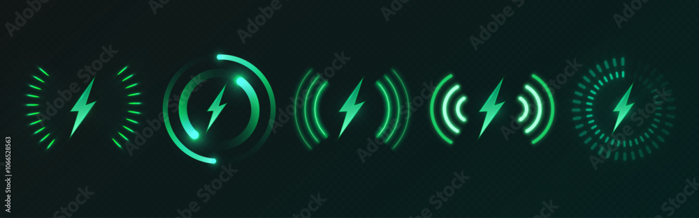 Neon green wireless charging icons set on dark background. Glowing ...