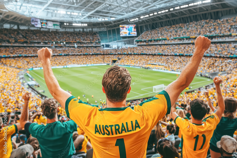 Passionate Australian Soccer Fan with Arms Raised in Stadium. Male fan ...