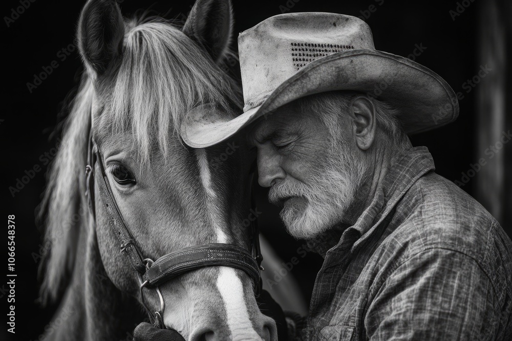 An old cowboy shares a tender moment with his beautiful horse. The bond ...