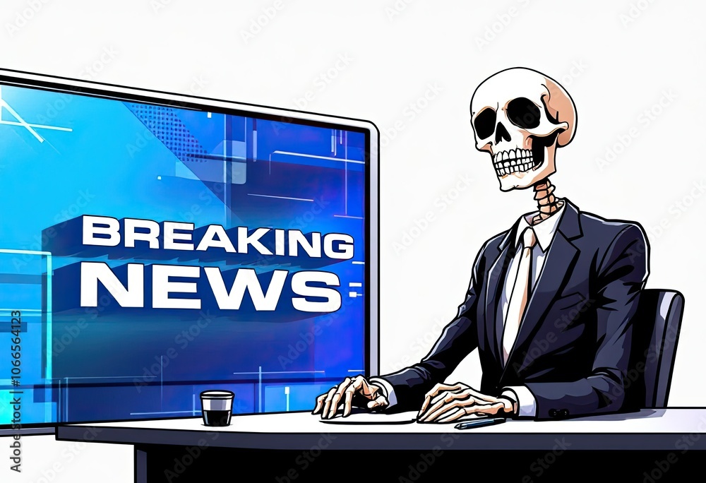 Comedic Skeleton Reporter in Business Formal | Modern Broadcast Studio ...