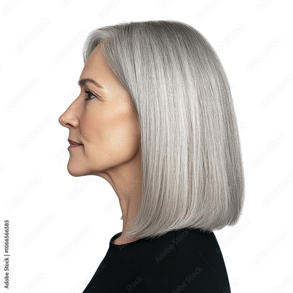 Side view portrait of mature woman with gray bob haircut on transparent ...