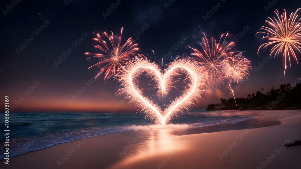 Fireworks in the shape of hearts and stars exploding in the night sky ...