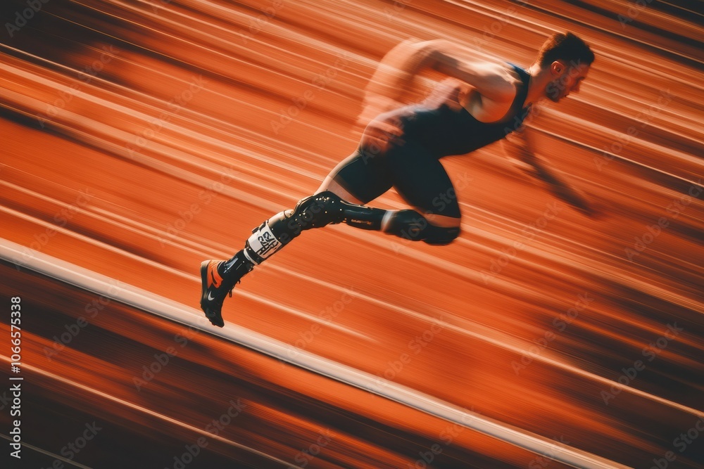 An athlete uses a prosthetic leg to run at full speed on a track ...