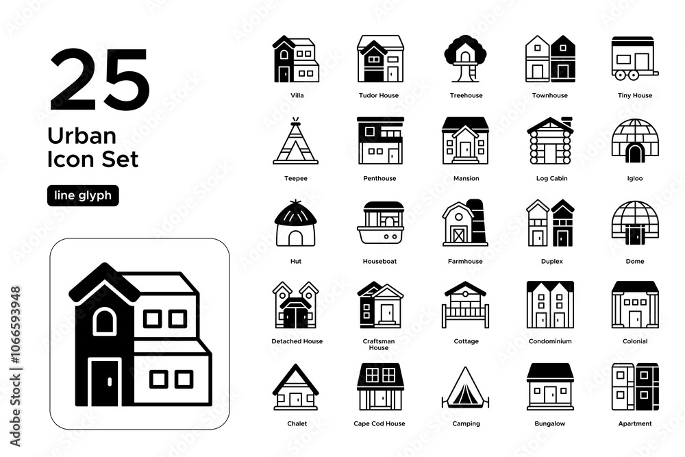Urban Line Glyph Icon Set: City Living, Residential Spaces, and ...