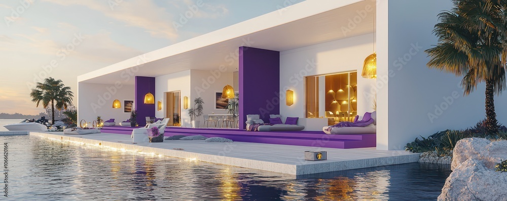 Ultra realistic 3D waterfront home, modern with purple outdoor accents ...