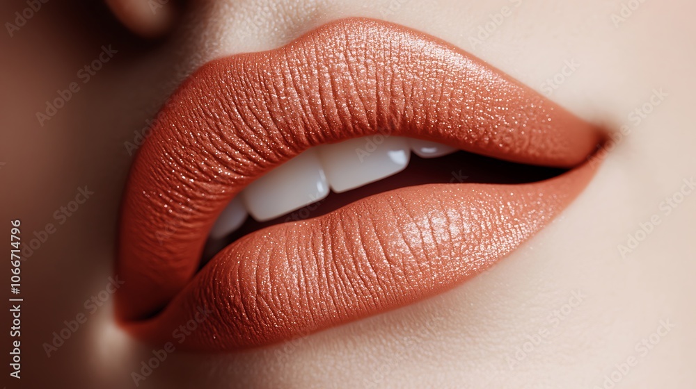 Close-up of lips in a soft peach color, matte finish with a subtle ...