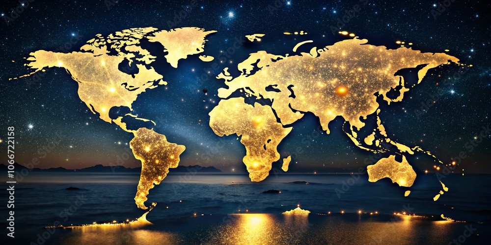 Star-lit World Map Silhouette in Golden Shades of Night Sky - Beautiful ...