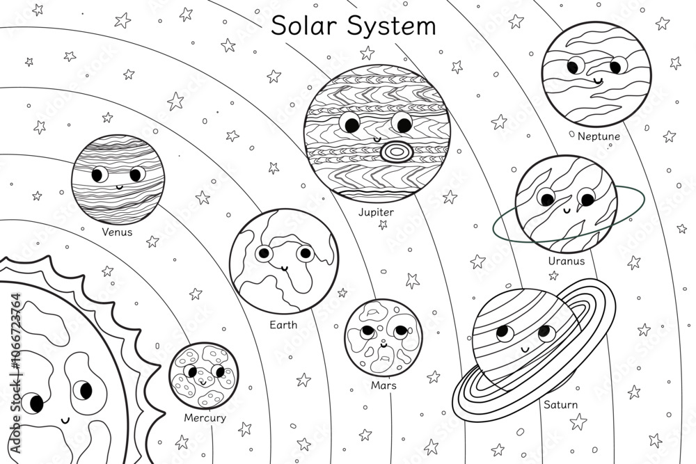 Cute planets educational poster in black and white for kids. Solar ...