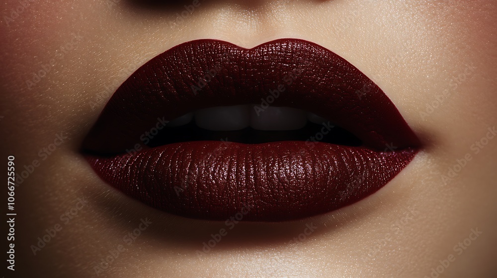Extreme close-up of lips painted with deep ruby red matte lipstick ...