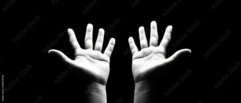 Rough, outstretched hands reaching forward in darkness, symbolizing ...