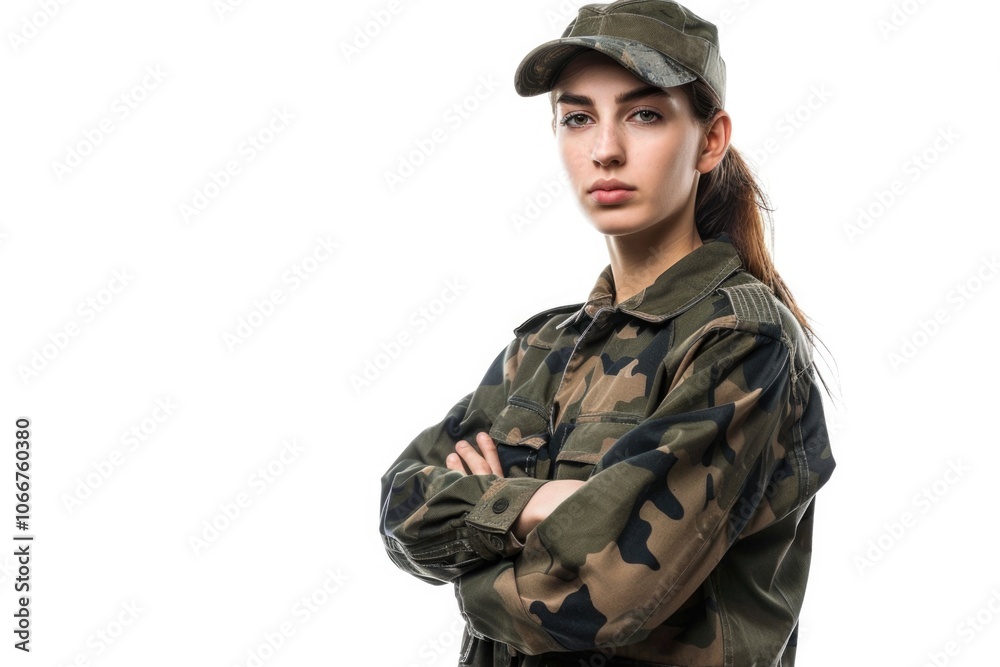 Military Person. Young Female Army Soldier in Camouflage, Isolated ...