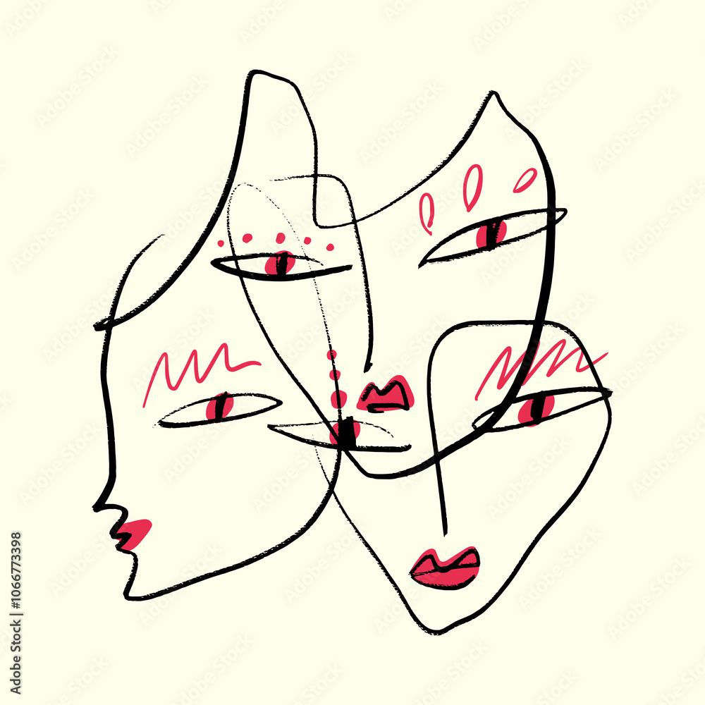 Minimalistic fashion modern abstract women faces portrait beauty makeup ...