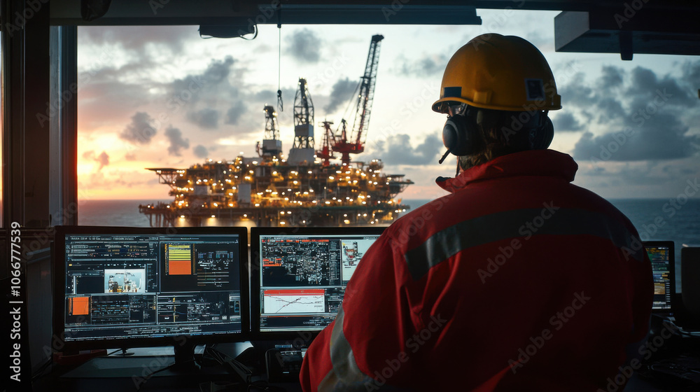 image depicts control room overlooking offshore oil rig at sunset ...