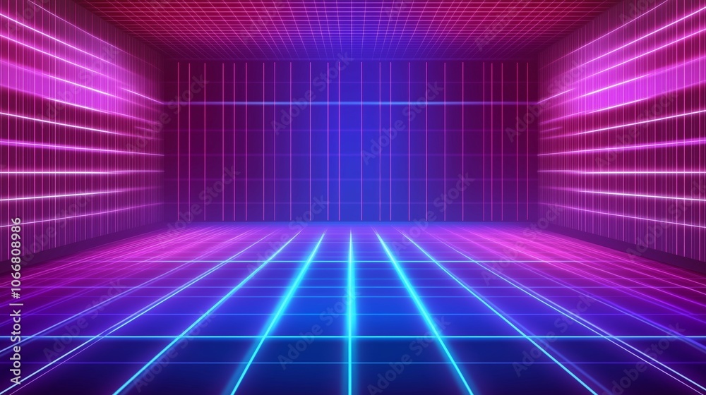 A retro-futuristic room with neon grid lines on the floor, walls, and ...
