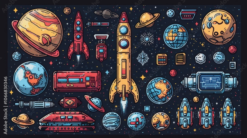 8-Bit Pixel Art Game Asset Collection with Space Planets, Rockets, Starcraft, Vector Font, and ...