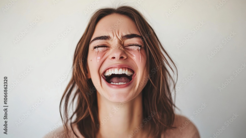 A joyful woman laughing heartily with tears of happiness. Stock ...
