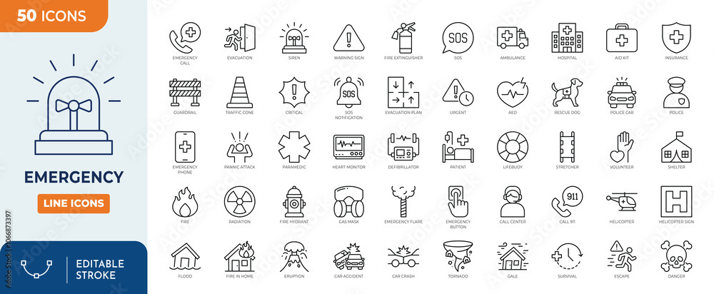 Emergency line editable icon set. Vector illustration in thin line ...