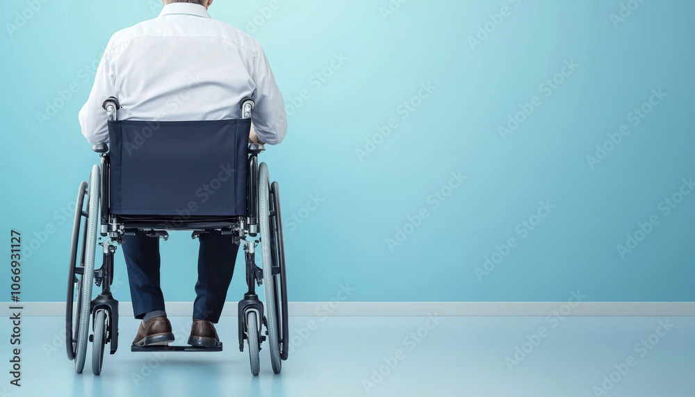 A person in a wheelchair facing a simple blue wall, symbolizing ...