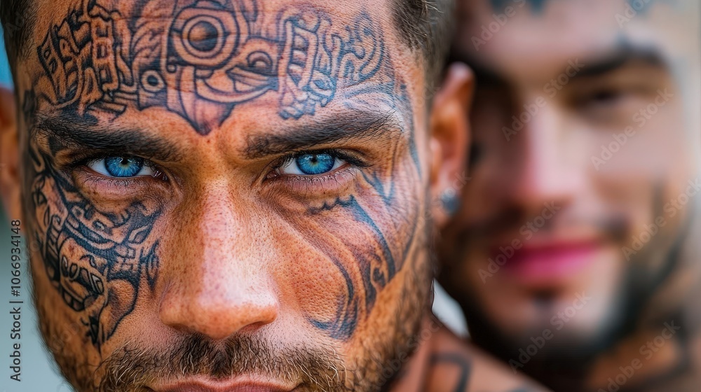 A close-up portrait featuring a man with tribal tattoos across his face ...