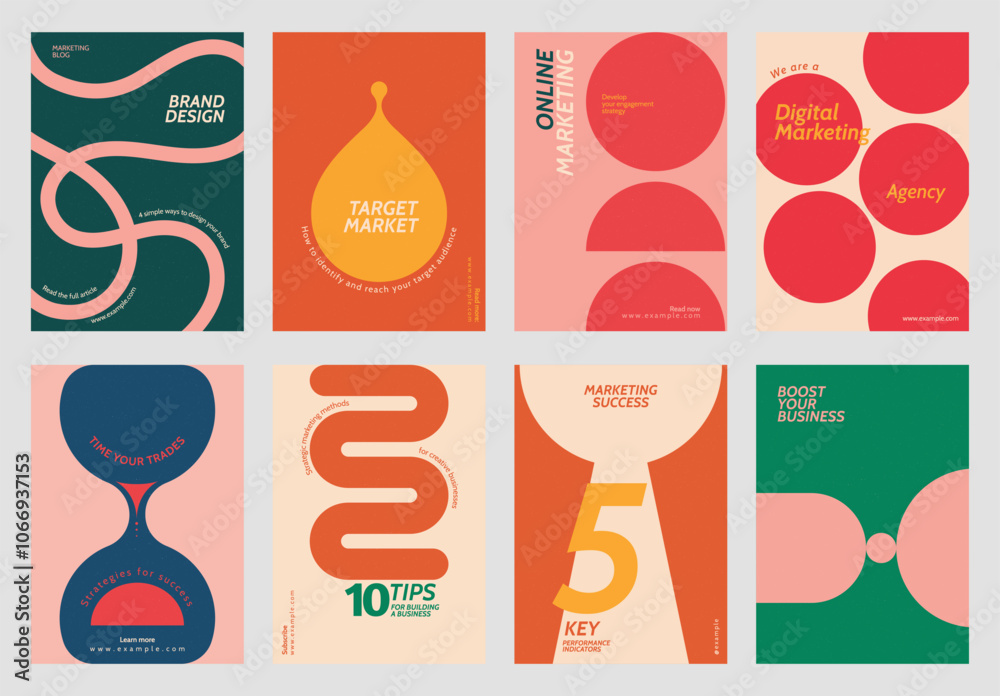 Colorful marketing posters with bold text. Marketing tips, target ...