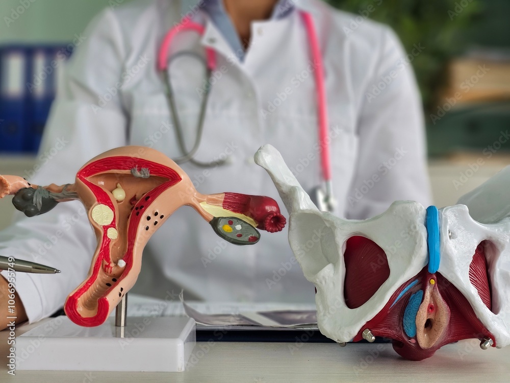 Detailed anatomical models of the female reproductive system displayed ...