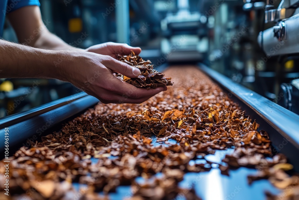 Hands inspecting dried tobacco leaves on a conveyor belt in a ...