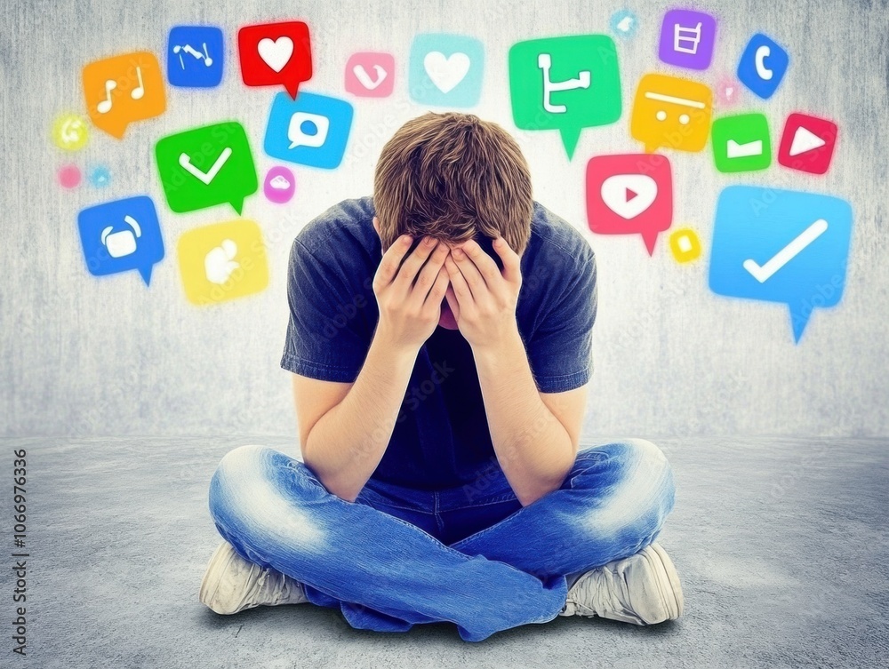 Stressed teenager suffering from social media addiction and ...