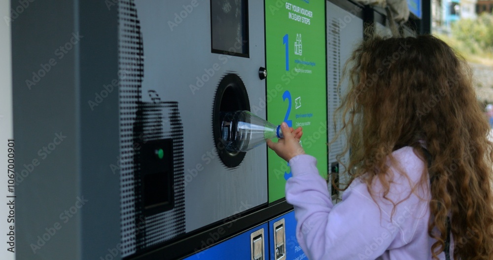 Little girl with long curly hair puts plastic bottle into reverse ...