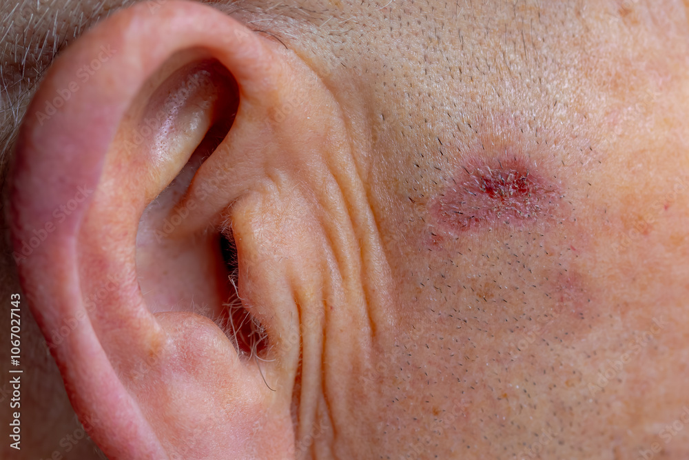 Health care concept, Selective focus of a man with red spot on temple ...