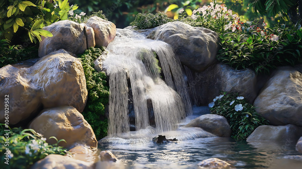 Angle view of very large mountain with big round rocks and lush foliage ...