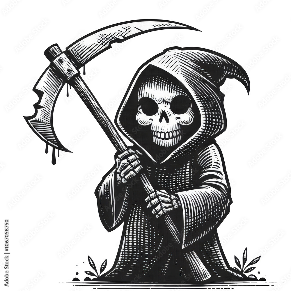Grim Reaper executioner with Axe sketch engraving illustration. Black ...