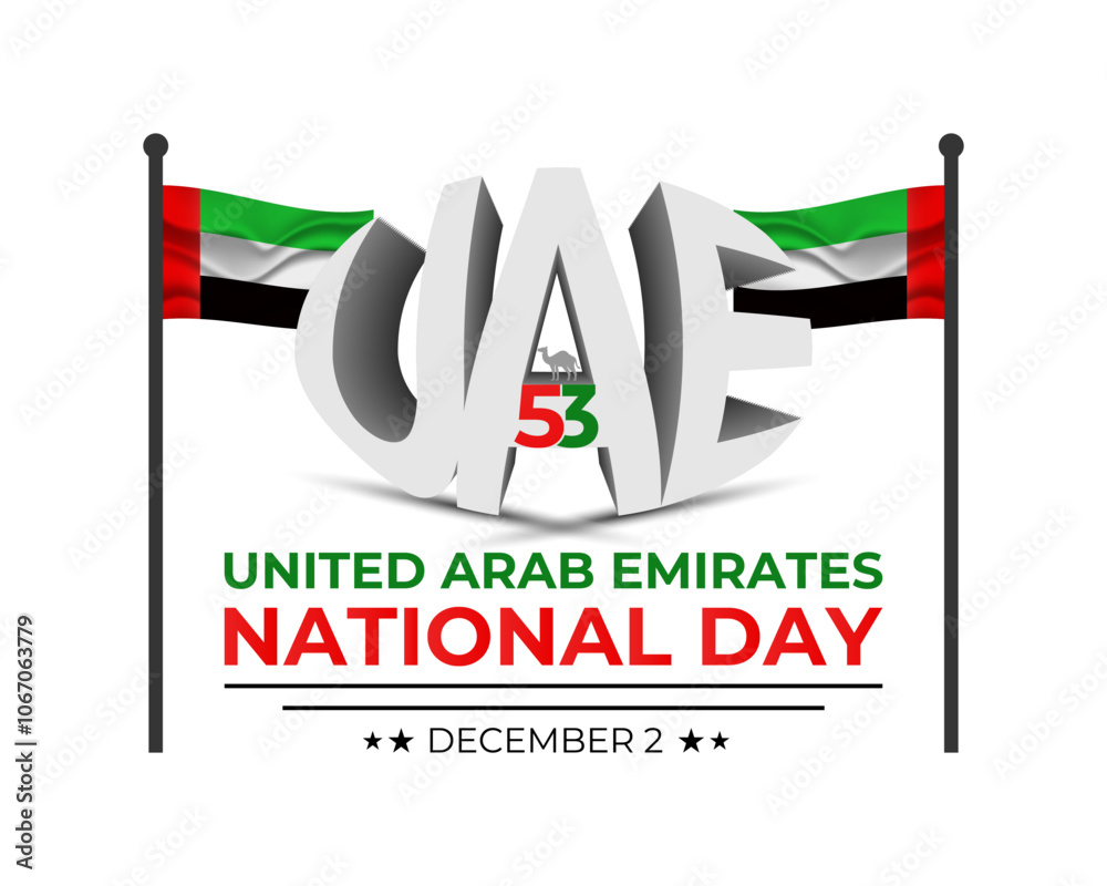 National Day of United Arab Emirates of 53 with ribbon flag. Waving ...