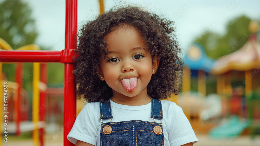 cute little girl with curly hair playfully sticking out her tongue, wearing denim overall and ...